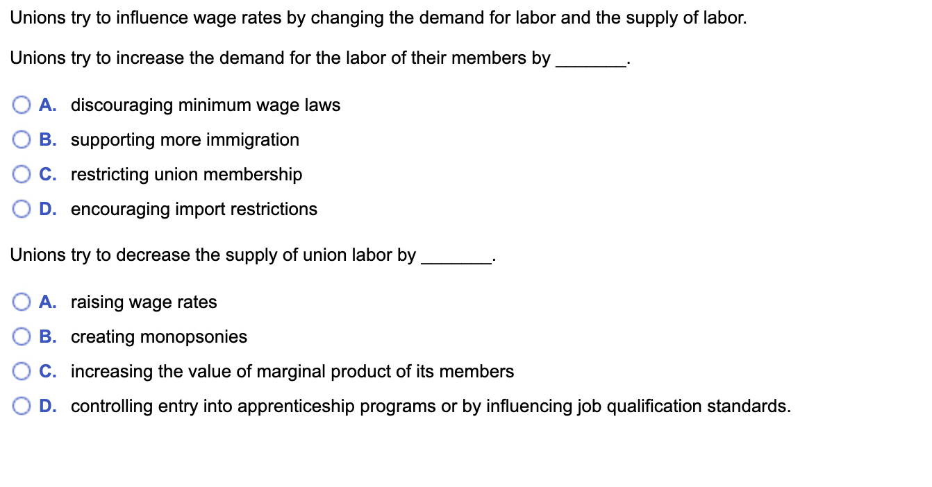 Solved Unions try to influence wage rates by changing the | Chegg.com