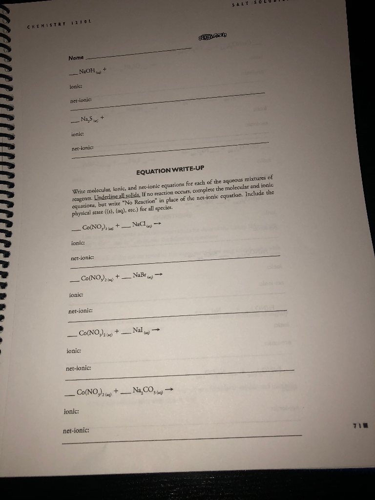 Solved SALT CHEMISTRY BIOL Name -NaOH + ionic: net-ionic . | Chegg.com