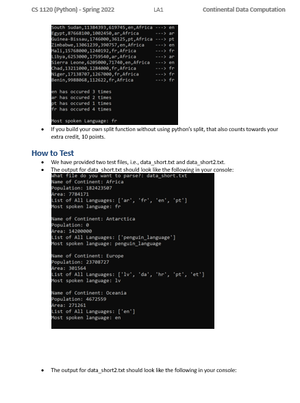 Solved CS 1120 (Python) - Spring 2022 LA1 Continental Data | Chegg.com