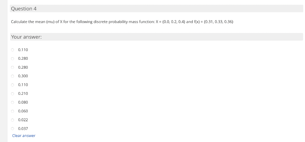 Solved Calculate the mean (mu) of X for the following | Chegg.com