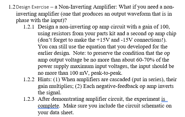 Solved 1.2 Design Exercise – a Non-Inverting Amplifier: What | Chegg.com