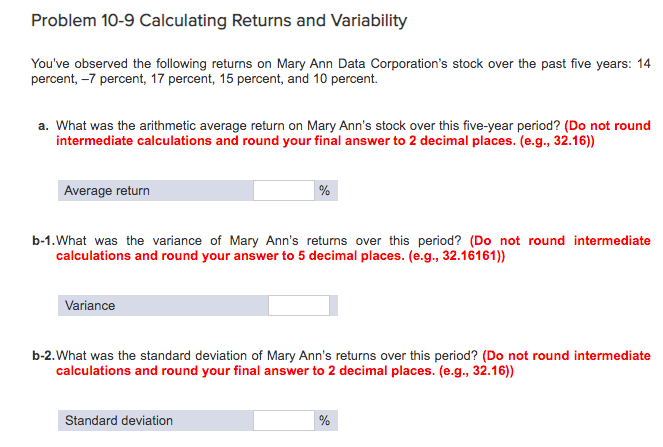 Solved Problem 10-9 Calculating Returns and Variability | Chegg.com