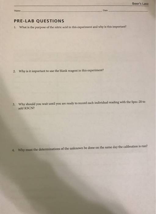 Solved Beer's Law Name Date PRE-LAB QUESTIONS 1. What is the | Chegg.com