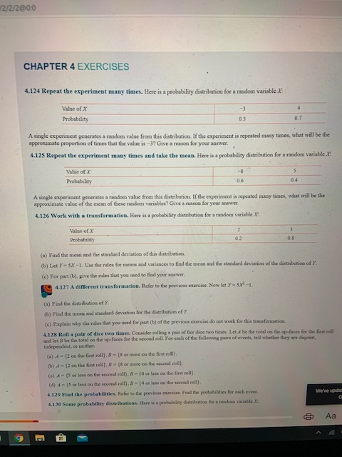 22/2000 CHAPTER 4 EXERCISES 4.124 Repeat the | Chegg.com