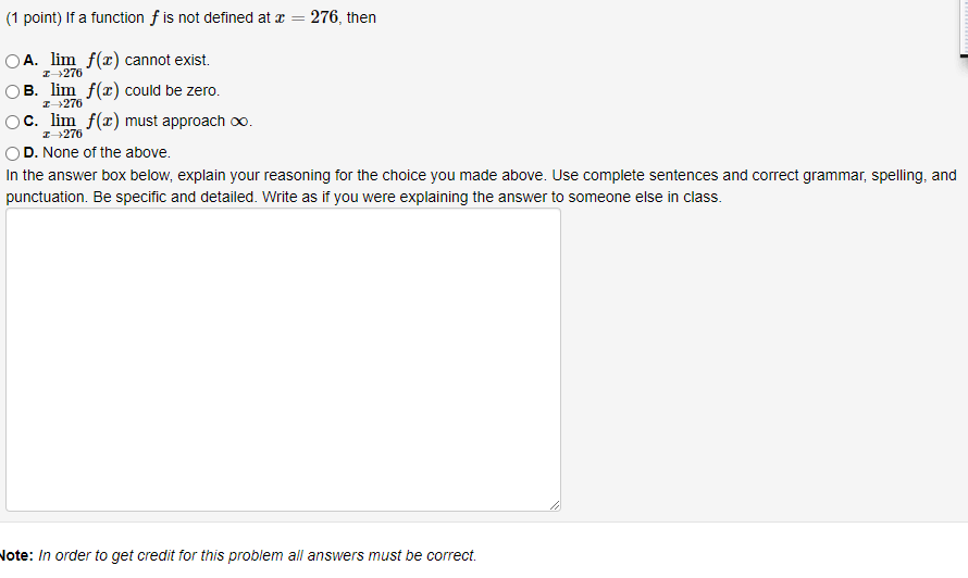 Solved (1 point) If a function f is not defined at x = 276, | Chegg.com