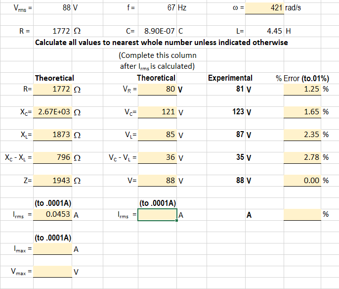 Solved Alternation Currents Series RLC Circuit Lab Find | Chegg.com