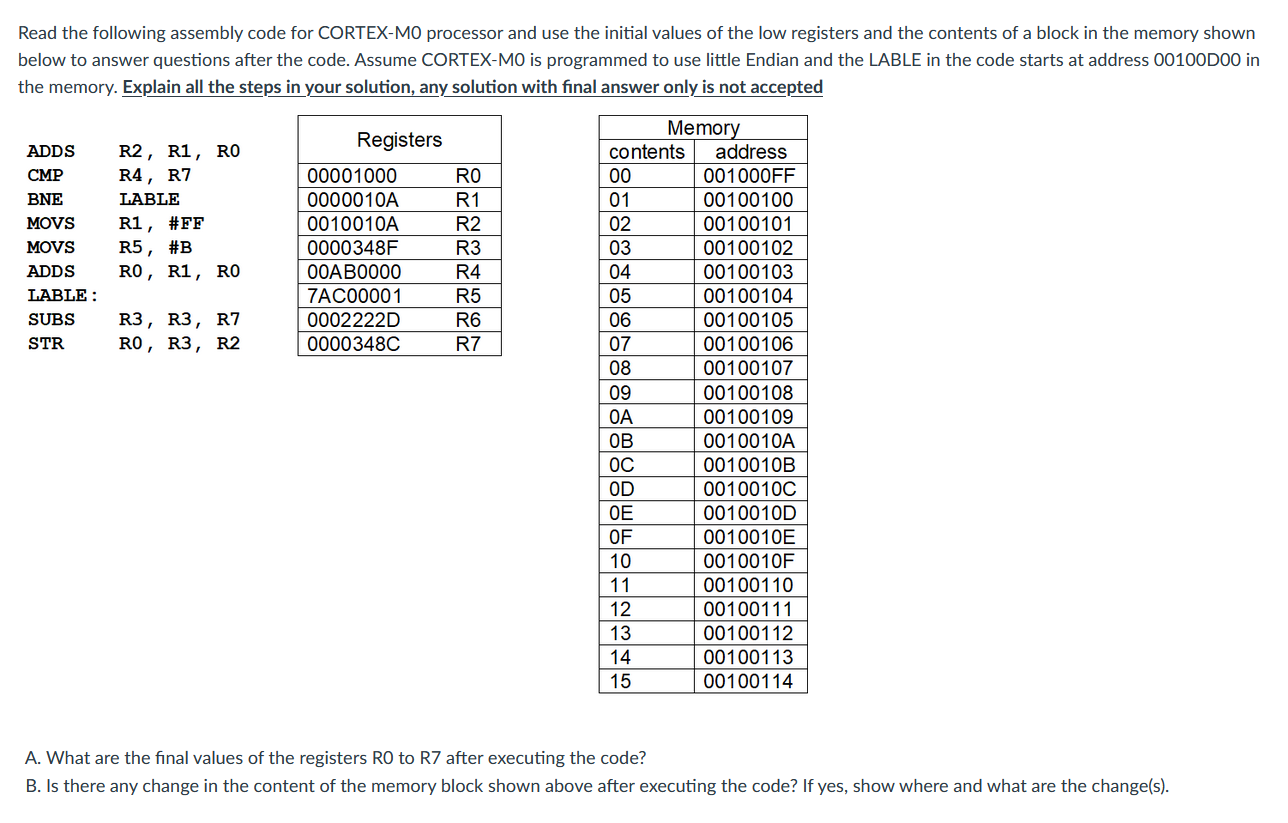 Solved Read the following assembly code for CORTEX-MO | Chegg.com