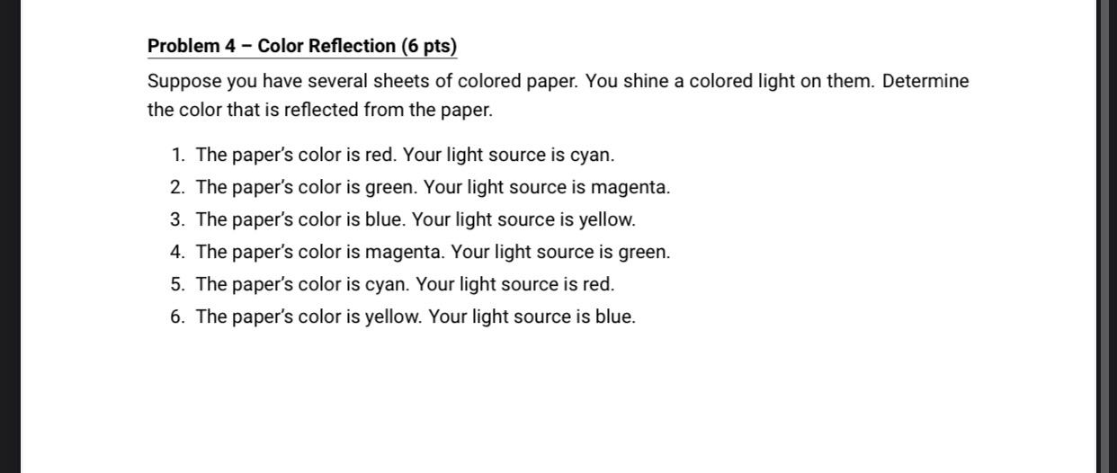 Solved Problem 4 - Color Reflection (6 pts) Suppose you have | Chegg.com