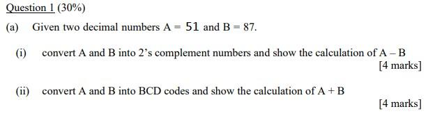 Solved Question 1(30%) (a) Given two decimal numbers A=51 | Chegg.com