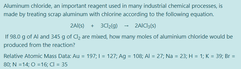 Solved + Aluminum chloride, an important reagent used in | Chegg.com
