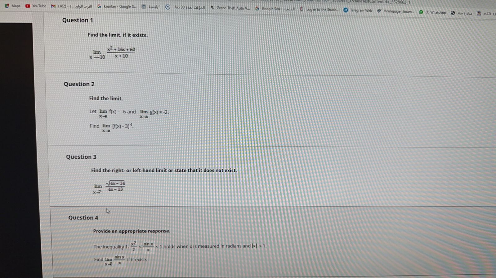Solved Find the limit, if it exists. limx→−10x+10x2+16x+60 | Chegg.com