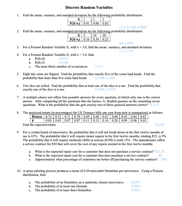 Solved Discrete Random Variables 1. 2. Find the mean, | Chegg.com