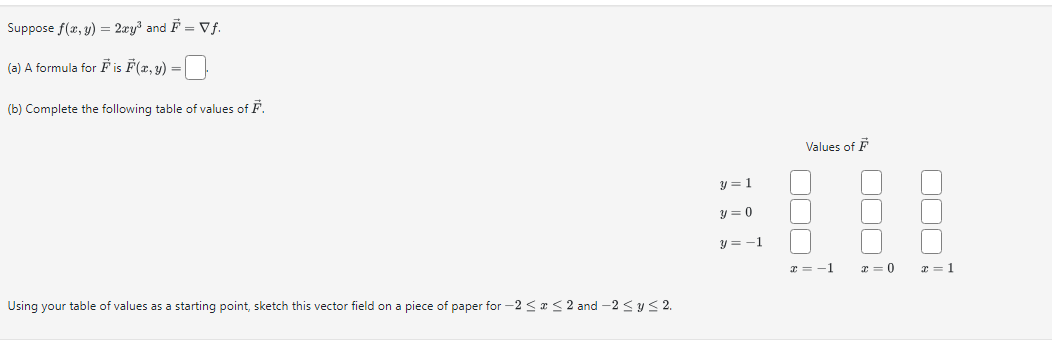 Solved Suppose f(x,y)=2xy3 ﻿and vec(F)=gradf.(a) ﻿A formula | Chegg.com