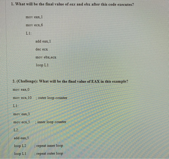 Solved 1. What will be the final value of eax and ebx after | Chegg.com