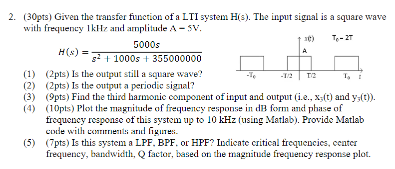 Solved 2. (30pts) Given the transfer function of a LTI | Chegg.com