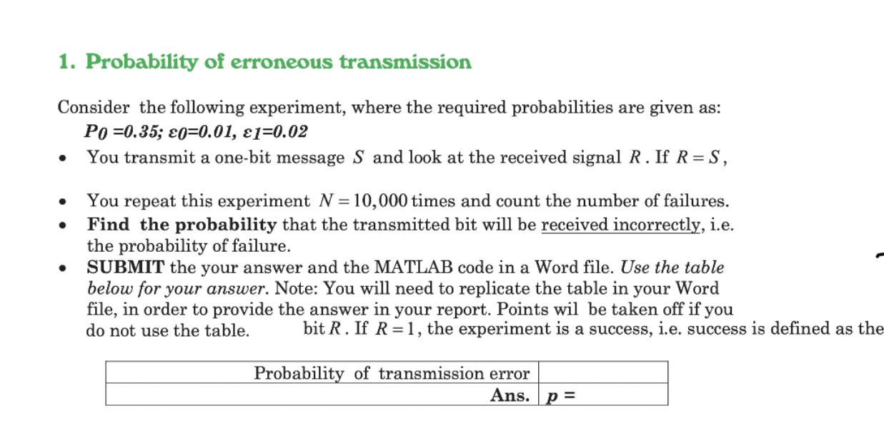 Solved 1. Probability of erroneous transmission Consider the | Chegg.com
