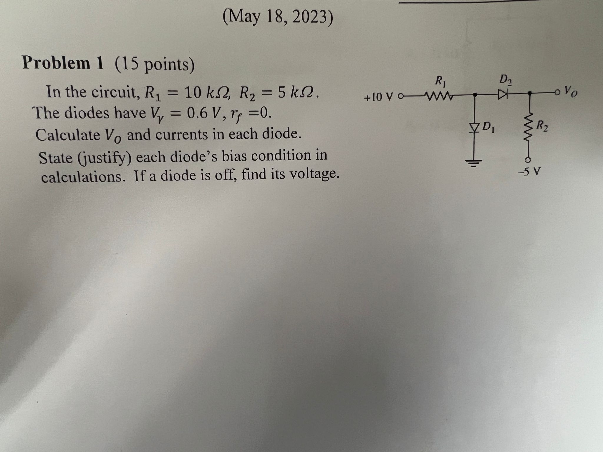 Solved Problem 1 (15 points) In the circuit, R1=10kΩ,R2=5kΩ. | Chegg.com