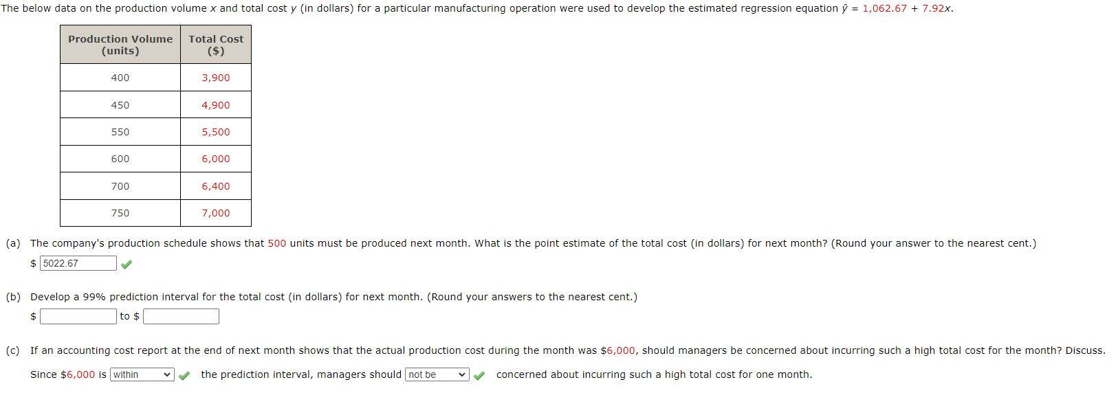 Solved $ (b) Develop a 99% prediction interval for the total | Chegg.com