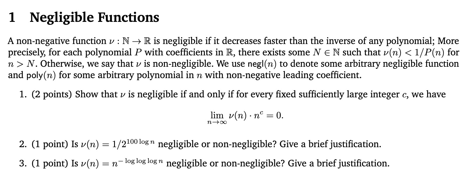 A non-negative function ν:N→R is negligible if it | Chegg.com