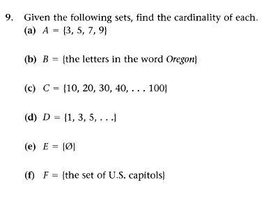Solved 9. Given the following sets, find the cardinality of | Chegg.com
