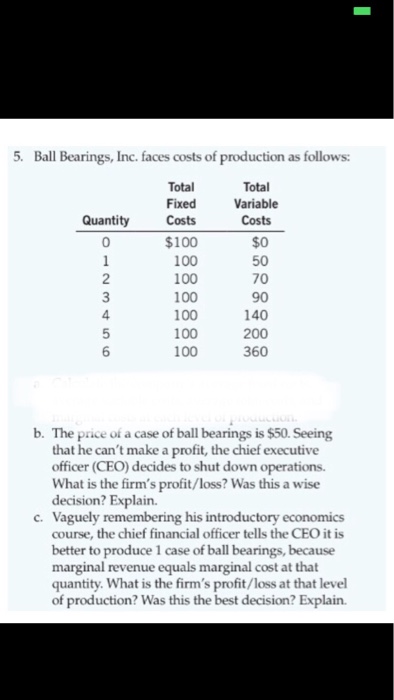 Solved 5. Ball Bearings, Inc. faces costs of production as | Chegg.com