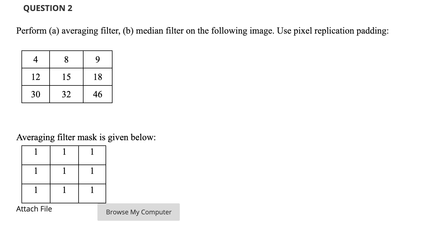 QUESTION 2 Perform (a) averaging filter, (b) median | Chegg.com
