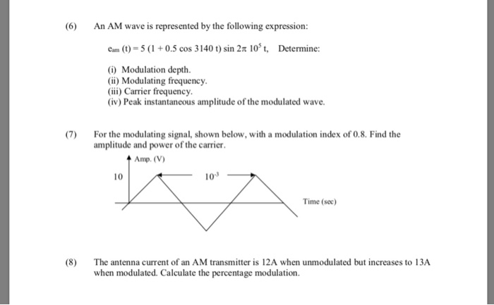 Solved (6) An AM wave is represented by the following | Chegg.com