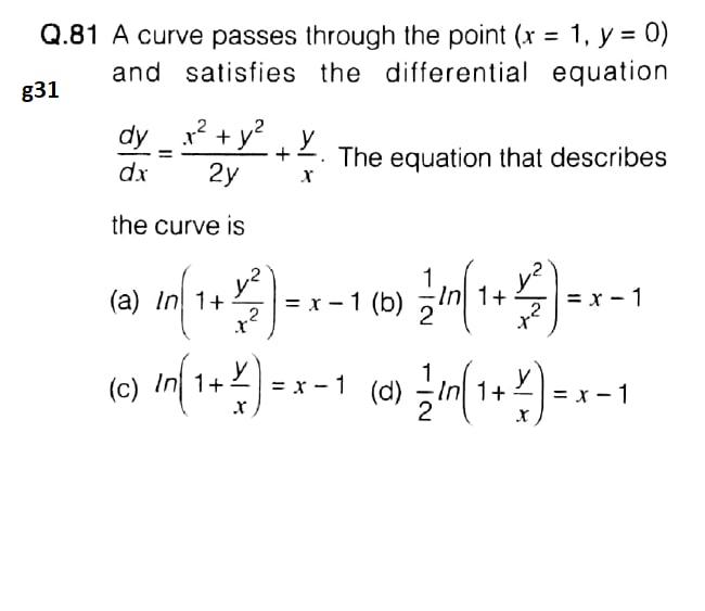 Solved Q.81 A curve passes through the point (r = 1, y = 0) | Chegg.com