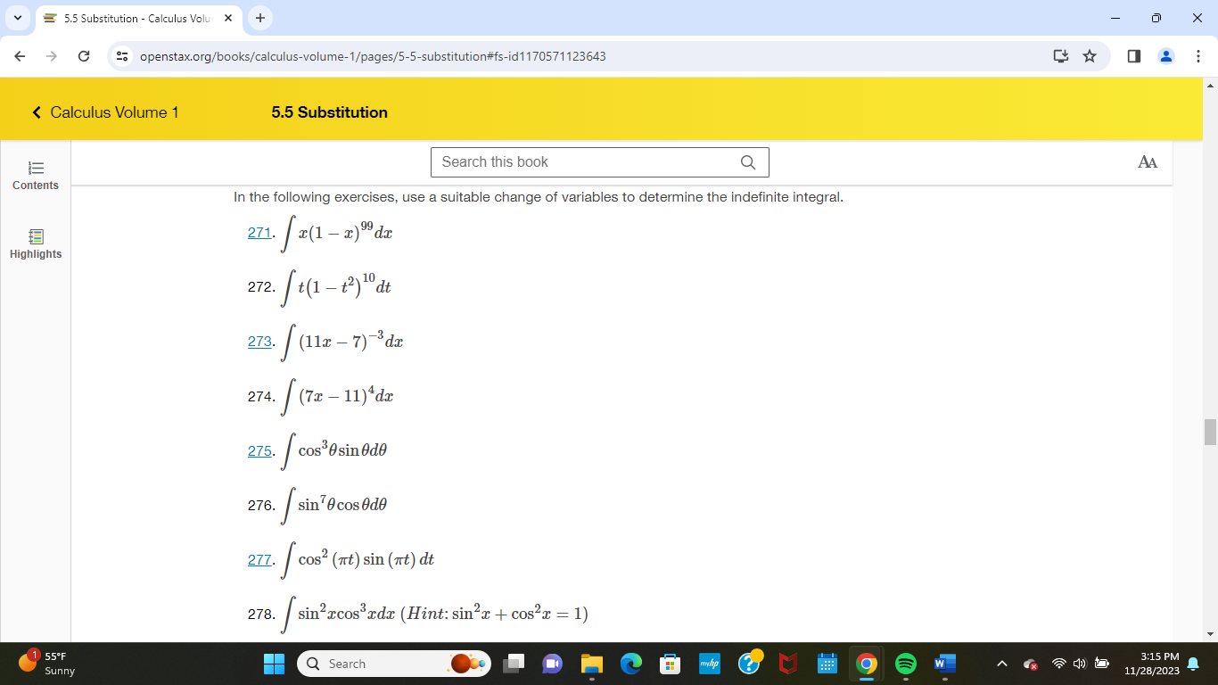 271.∫x(1−x)99dx 272. ∫t(1−t2)10dt 273. ∫(11x−7)−3dx | Chegg.com