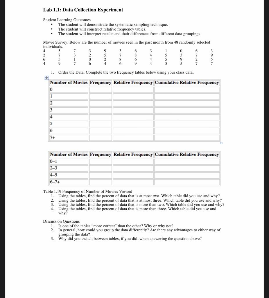 Solved Lab 1.1: Data Collection Experiment Student Learning | Chegg.com