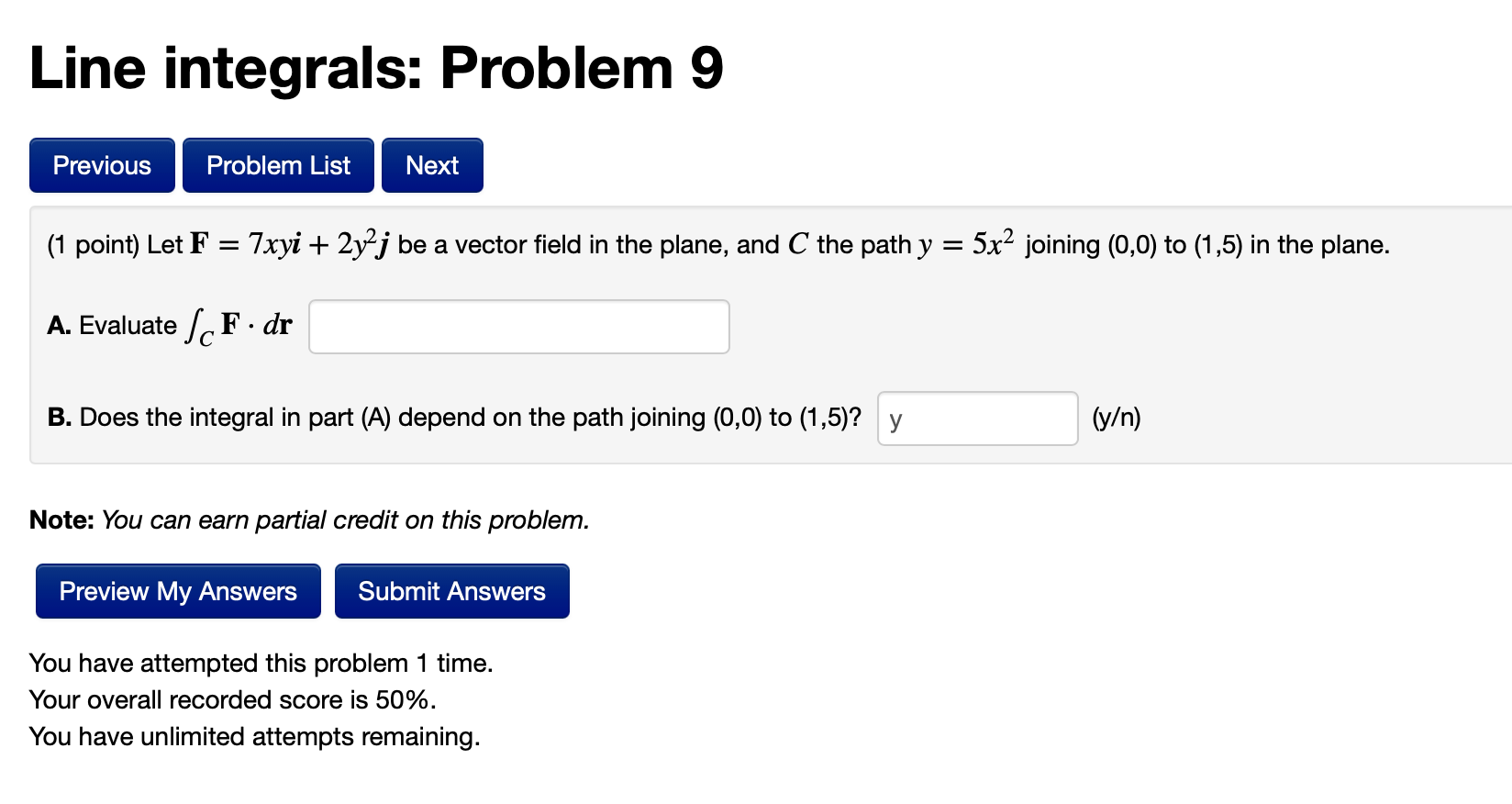 Solved Line integrals: Problem 9 Previous Problem List Next | Chegg.com