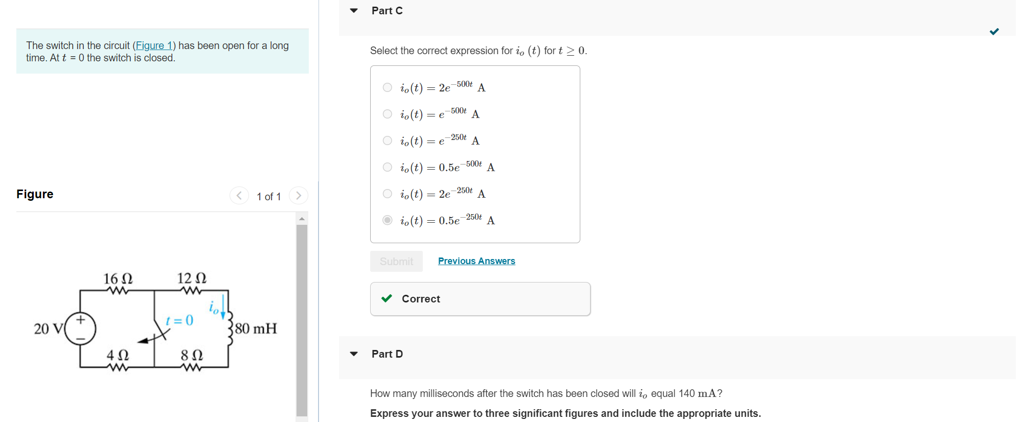 Solved The switch in the circuit (Figure 1) has been open | Chegg.com