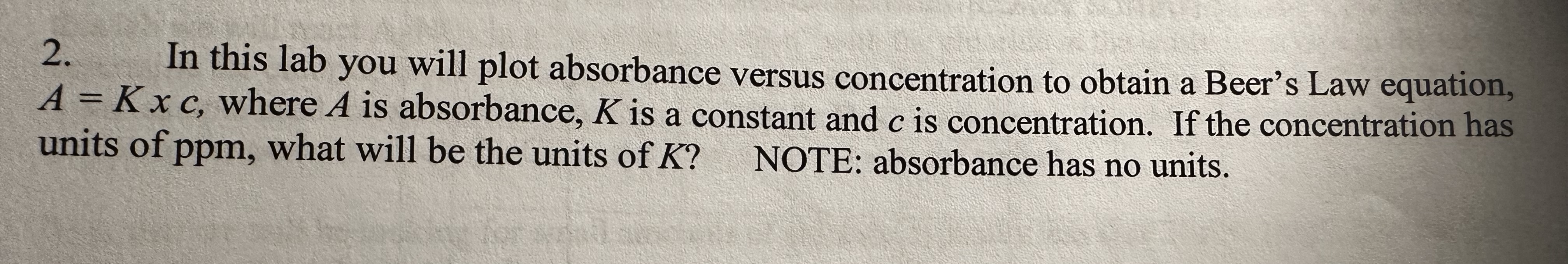 Solved 2. In this lab you will plot absorbance versus | Chegg.com