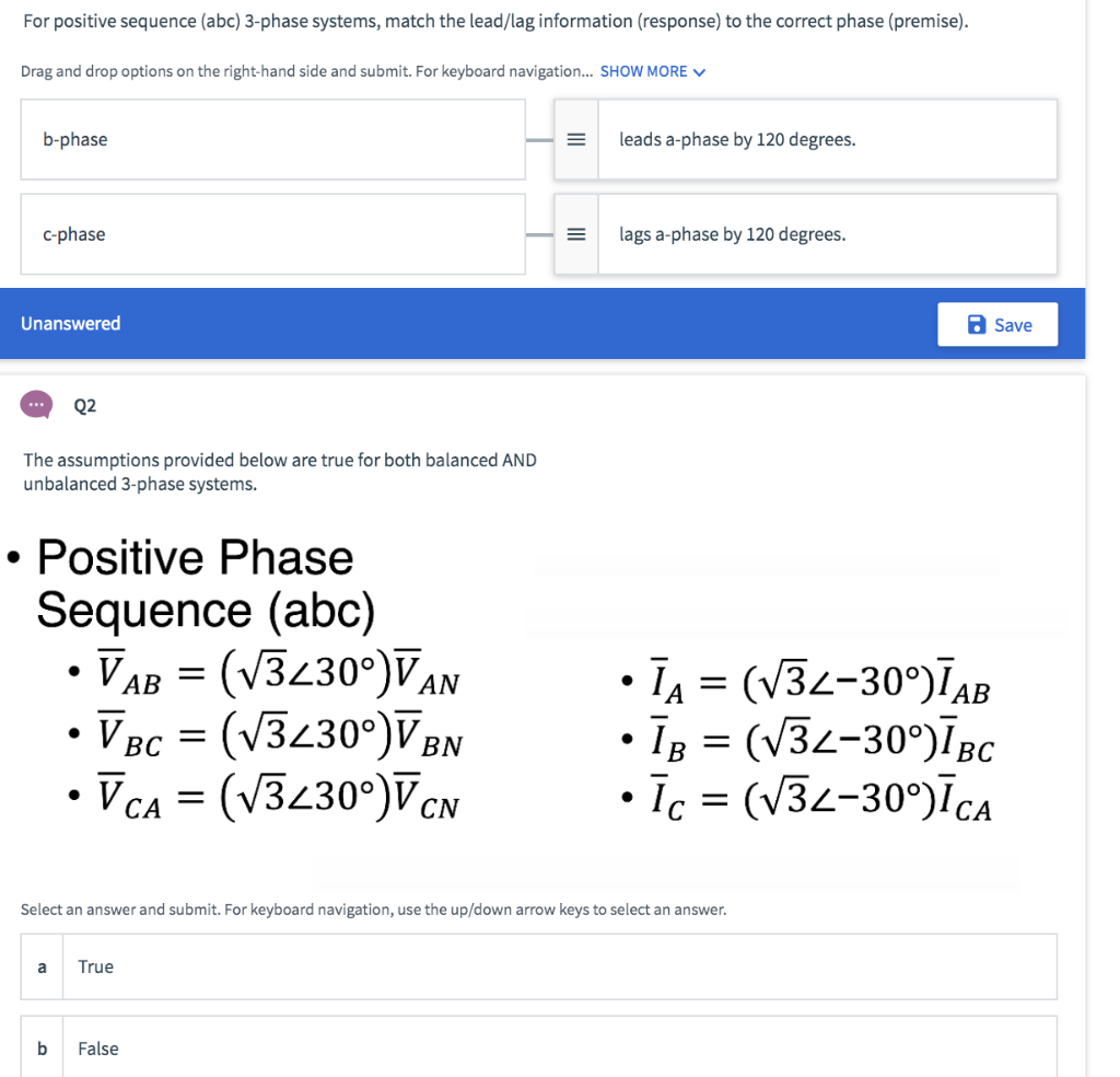 Solved For positive sequence (abc) 3-phase systems, match | Chegg.com