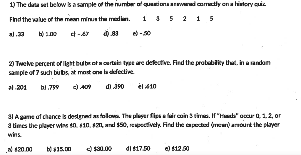 Solved 1) The data set below is a sample of the number of | Chegg.com
