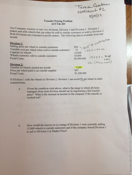 Solved Worksheet- Transfer Pricing Problem ACCT& 203 | Chegg.com