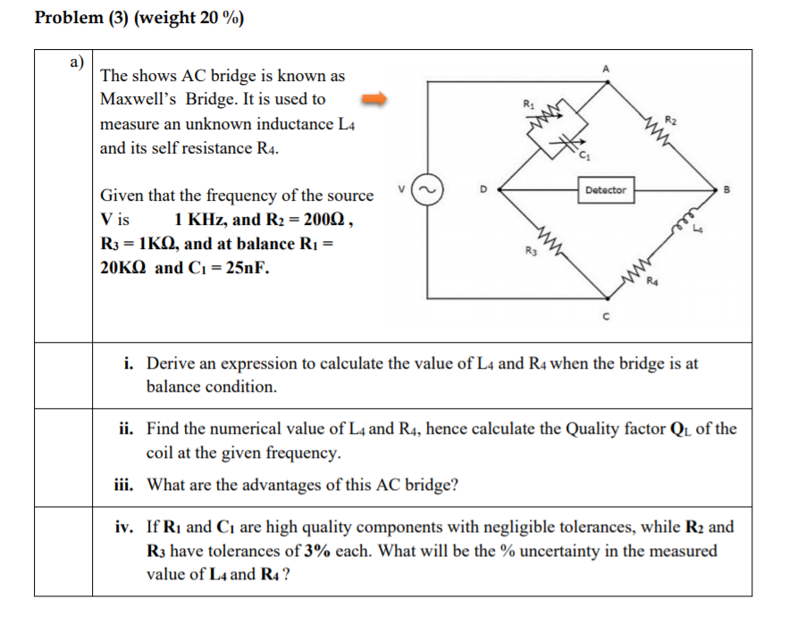 Solved Problem (3) (weight 20%) a) The shows AC bridge is | Chegg.com