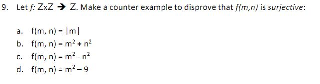 Solved 9. Letf: ZaZ → Z. Make a counter example to disprove | Chegg.com