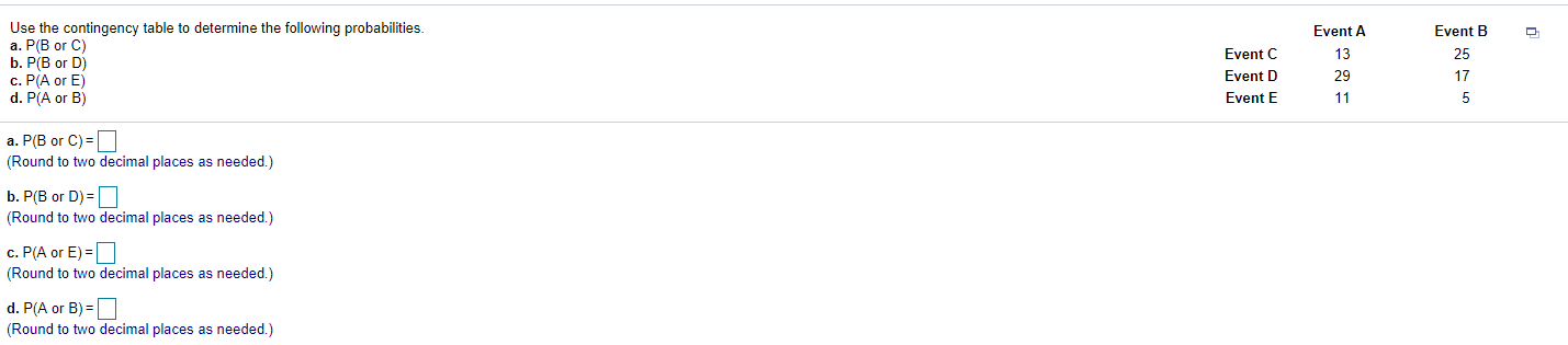 Solved Event A Event B Event C 13 25 Use the contingency | Chegg.com