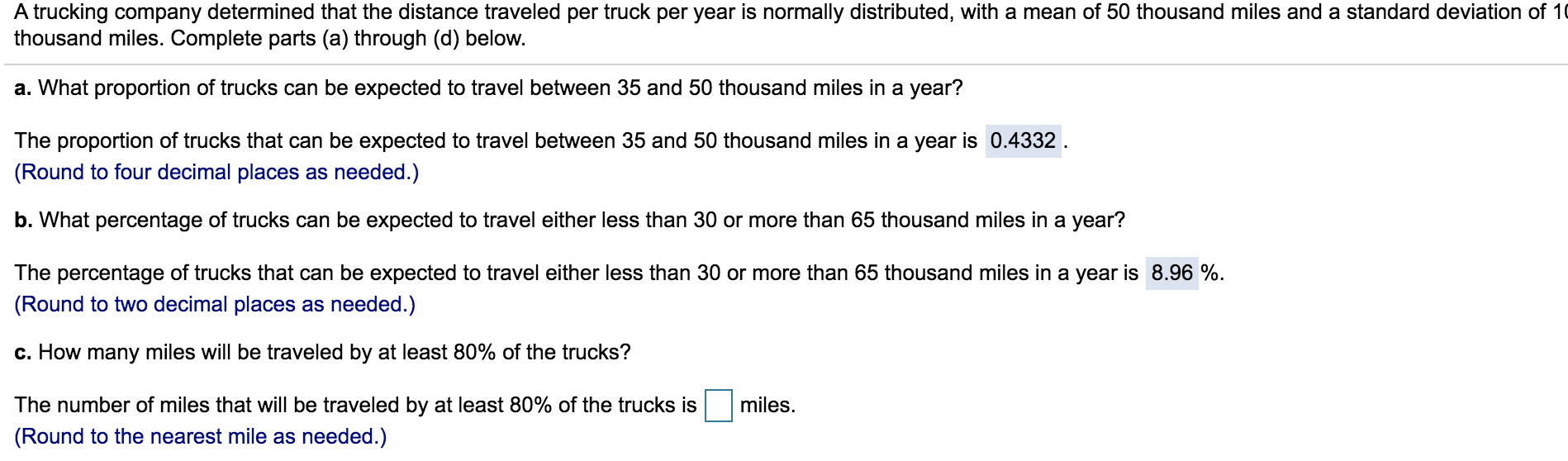 Solved e. How many miles will be traveled by at least 80% of | Chegg.com