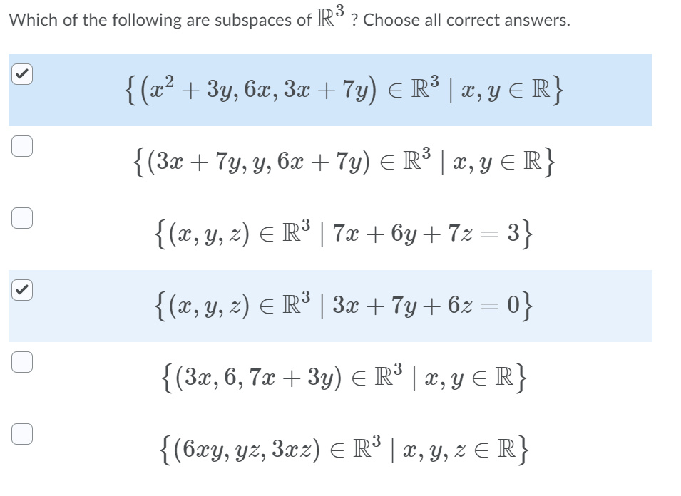 Solved Which of the following are subspaces of Rº? Choose | Chegg.com