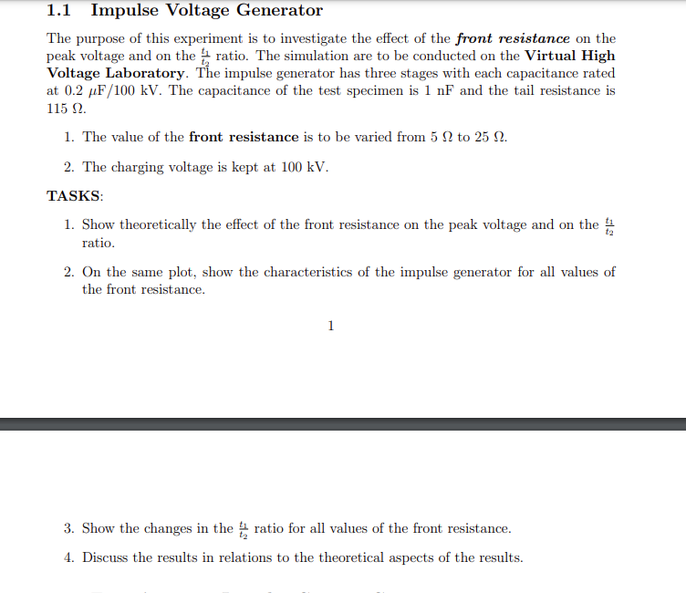 1.1 Impulse Voltage Generator The purpose of this | Chegg.com