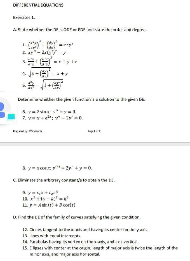 Solved A. State whether the DE is ODE or PDE and state the | Chegg.com