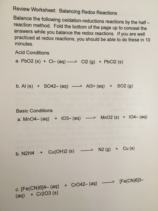 Balancing Redox Reactions Worksheet - Kindergarten Printable Sheet
