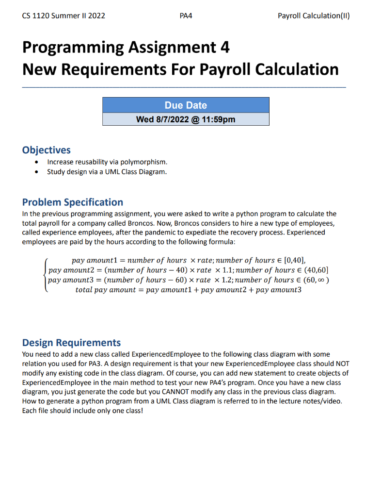 Solved Programming Assignment 4 New Requirements For Payroll | Chegg.com