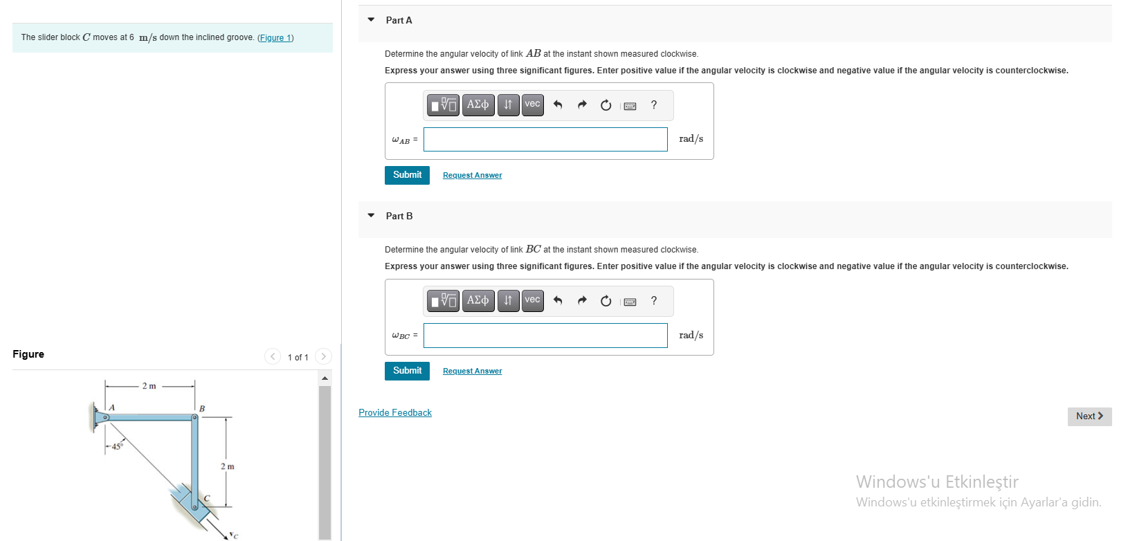 Solved The slider block \( ﻿C \) ﻿moves at | Chegg.com
