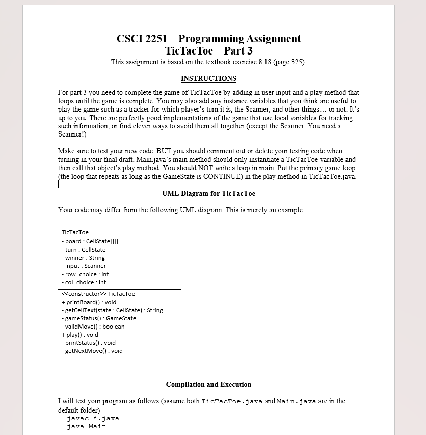Solved TicTacToe-Part 2 This assignment is based on the | Chegg.com