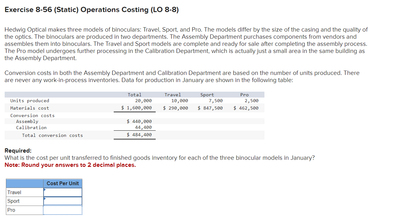 Solved Hedwig Optical makes three models of binoculars: | Chegg.com