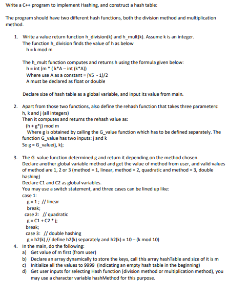 Solved e) Get user input for collision resolving method, 1, | Chegg.com