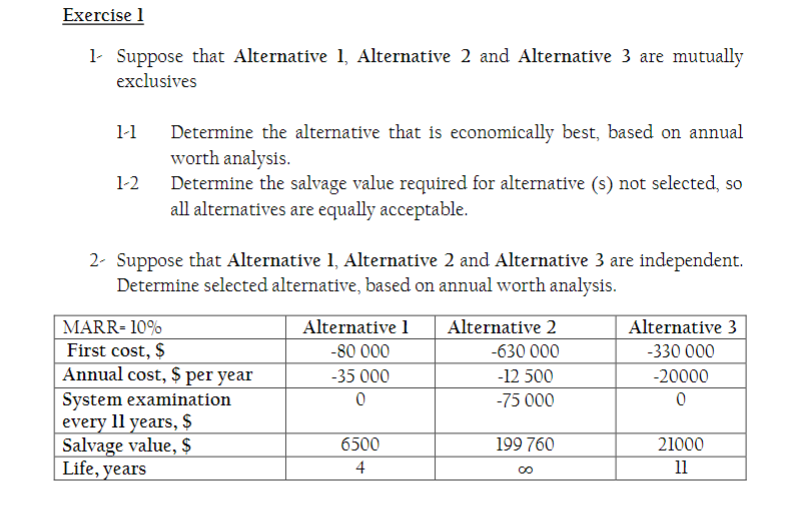 1- Suppose that Alternative 1, Alternative 2 and | Chegg.com